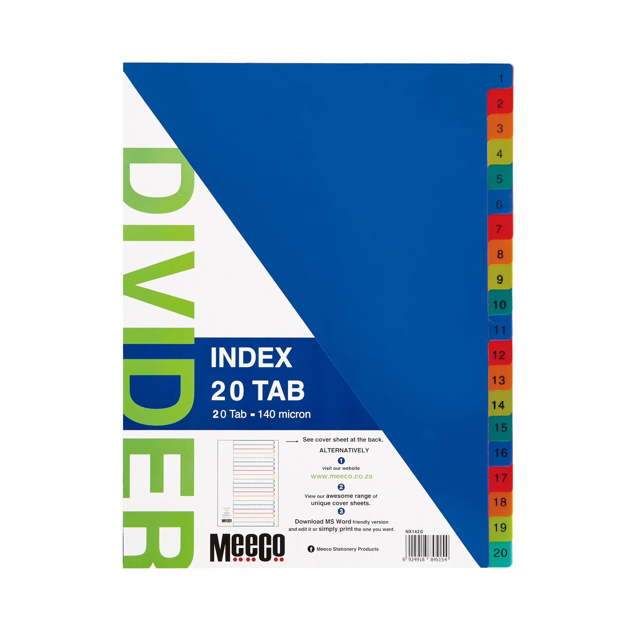 a4 polypropylene dividers - 1-20 numbered - rainbow | Office National