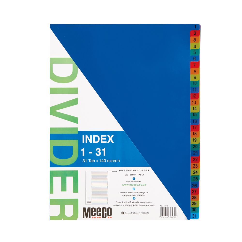 a4 polypropylene dividers - 1-31 numbered - rainbow | Office National