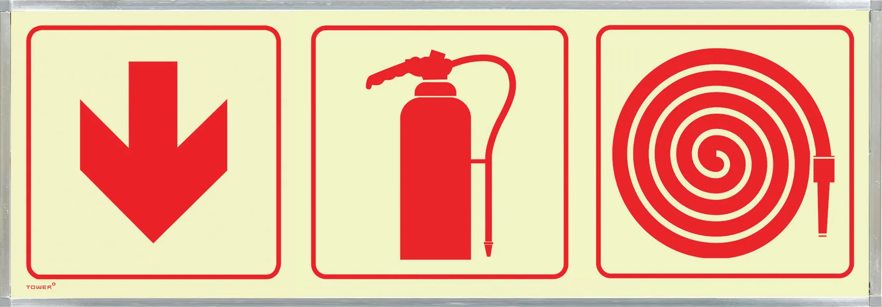 photoluminescent signs - fire extinguisher, down arrow, fire hose ...