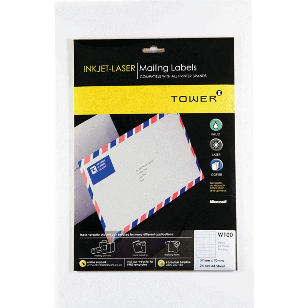 a4 inkjet laser labels - 37 x 70mm - white - 25 pack | Office National