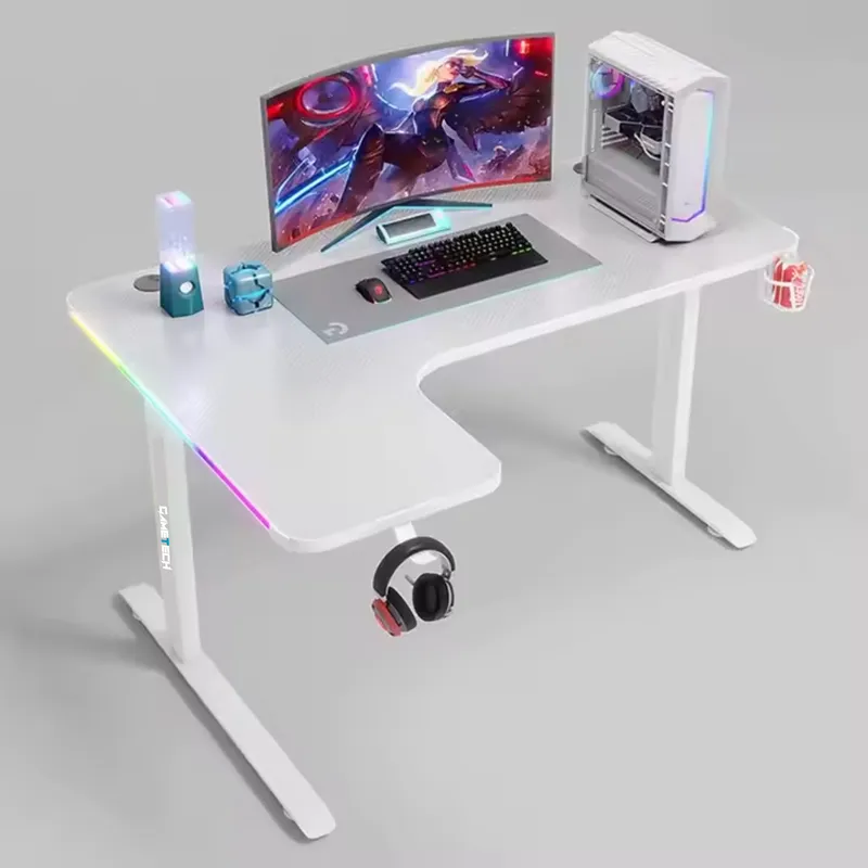 GameTech White L Shape Gaming RGB Lighting Gaming Table With USB & Cup Holder | CH Africa
