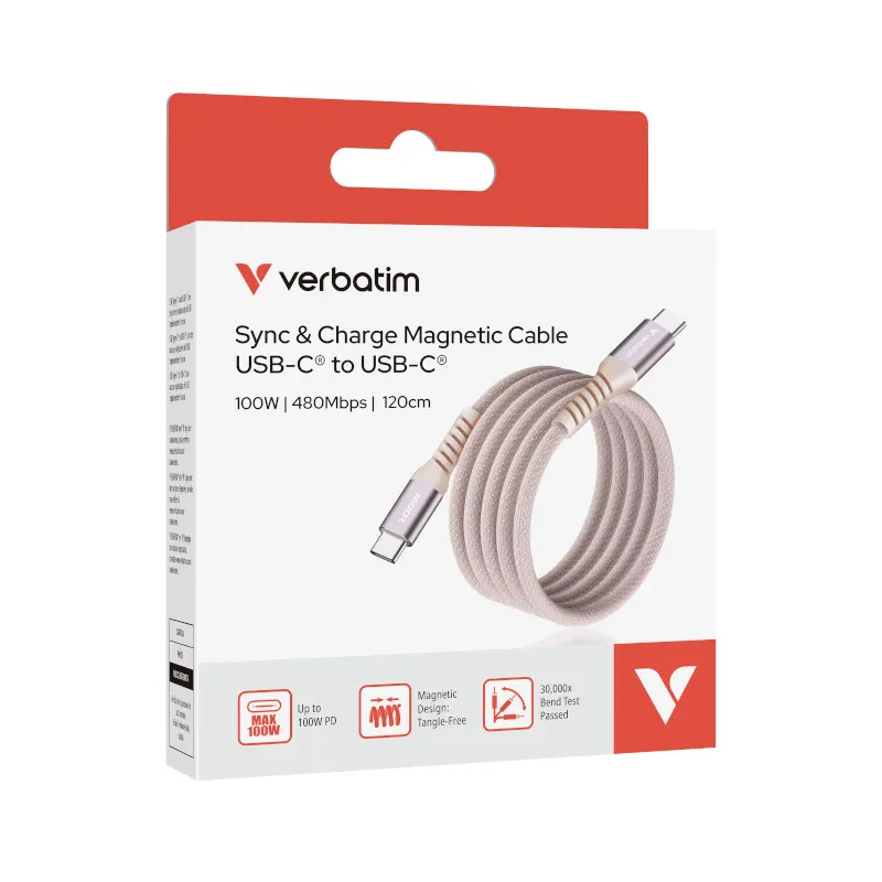 Verbatim Sync & Charge 100W Magentic USB-C to USB-C Cable - 1.2M Pink ...