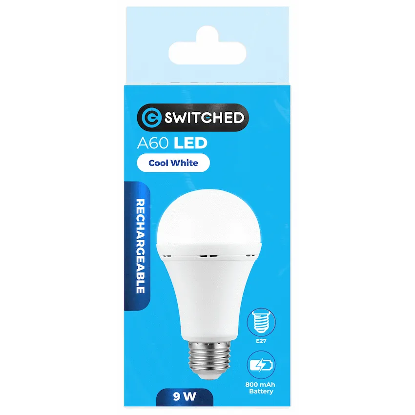 SWITCHED 9W A60 Rechargeable LED Light Bulb E27 Cool White | SMD ...