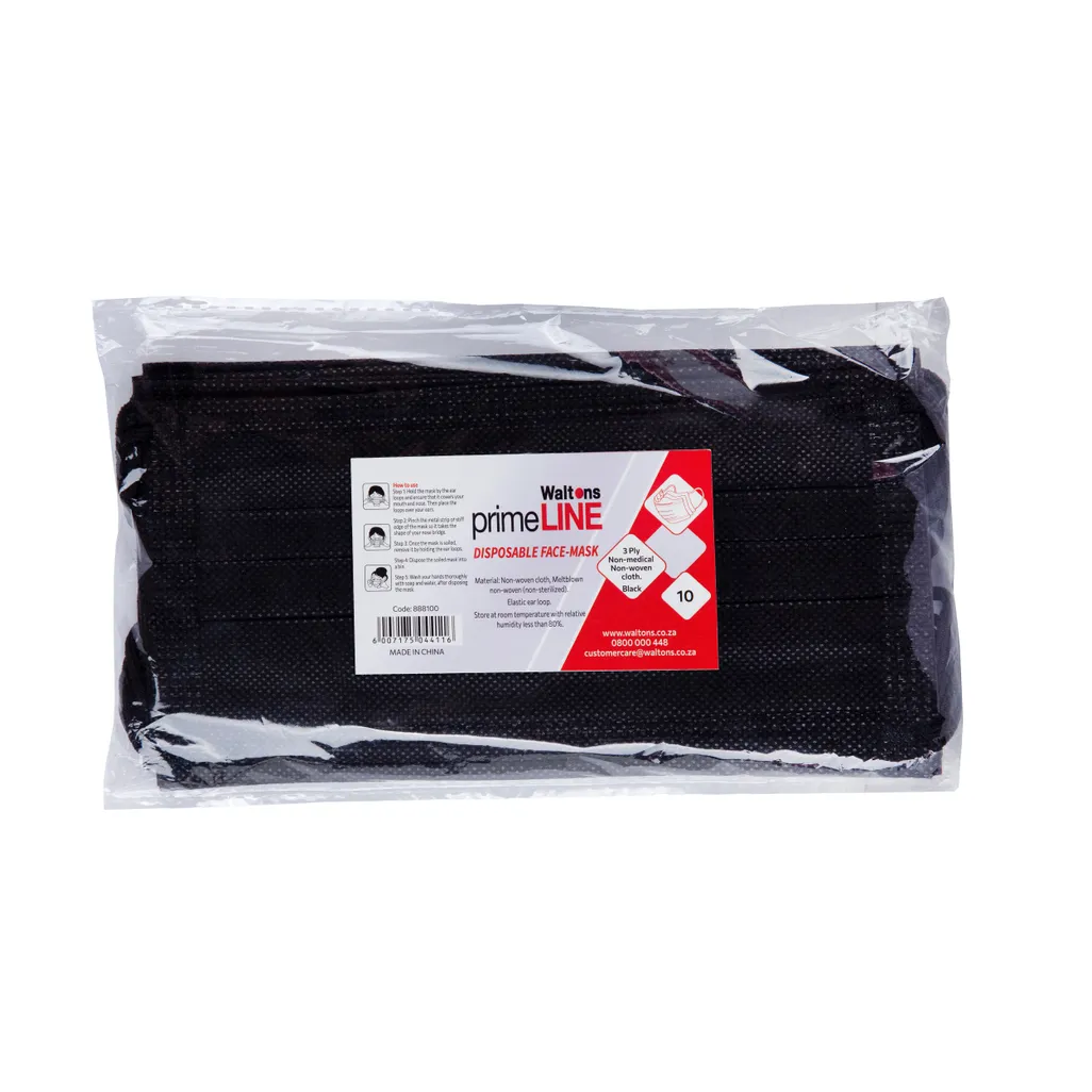 Black 3 Ply Surgical Disposable Face Mask AE30010B (Pack 10) | Waltons